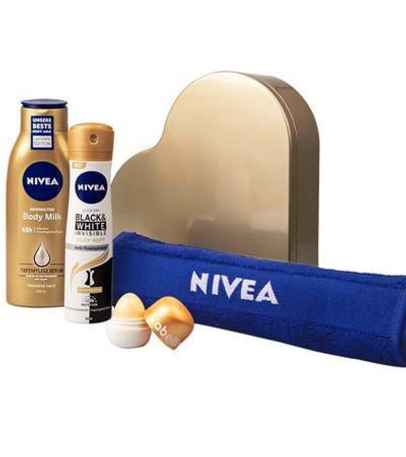 NIVEA HEART IN GOLD 5-Piece Lotions, Deodrant,Towel Heart-shaped TIN G ...